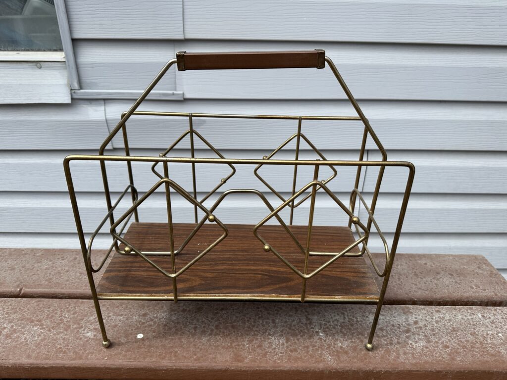 Mid Century Magazine Rack Brass & Faux Wood - Graceful Lily Vintage